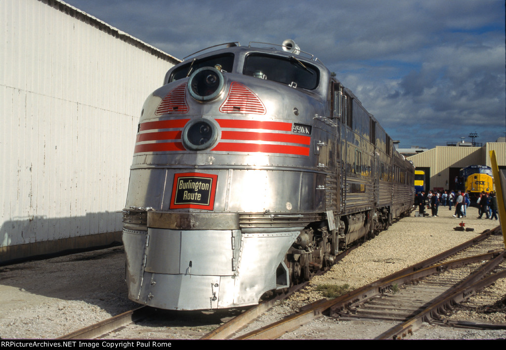 CB&Q 9911A, Silver Pilot and the Nebraska Zephyr, on display at EMD's 75th anniversary Open House,
